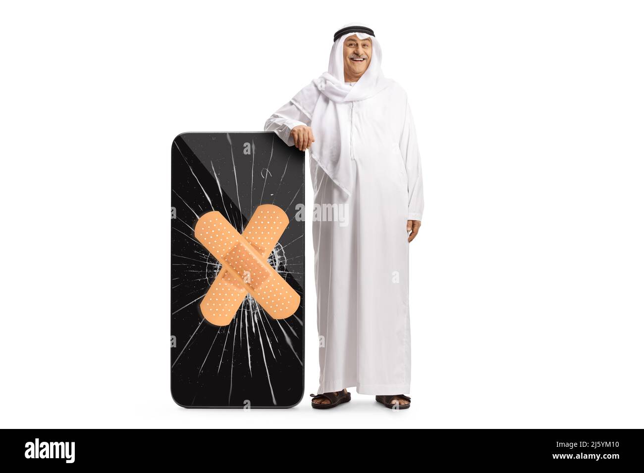 Full length portrait of an arab man leaning on a big smarphone with ...