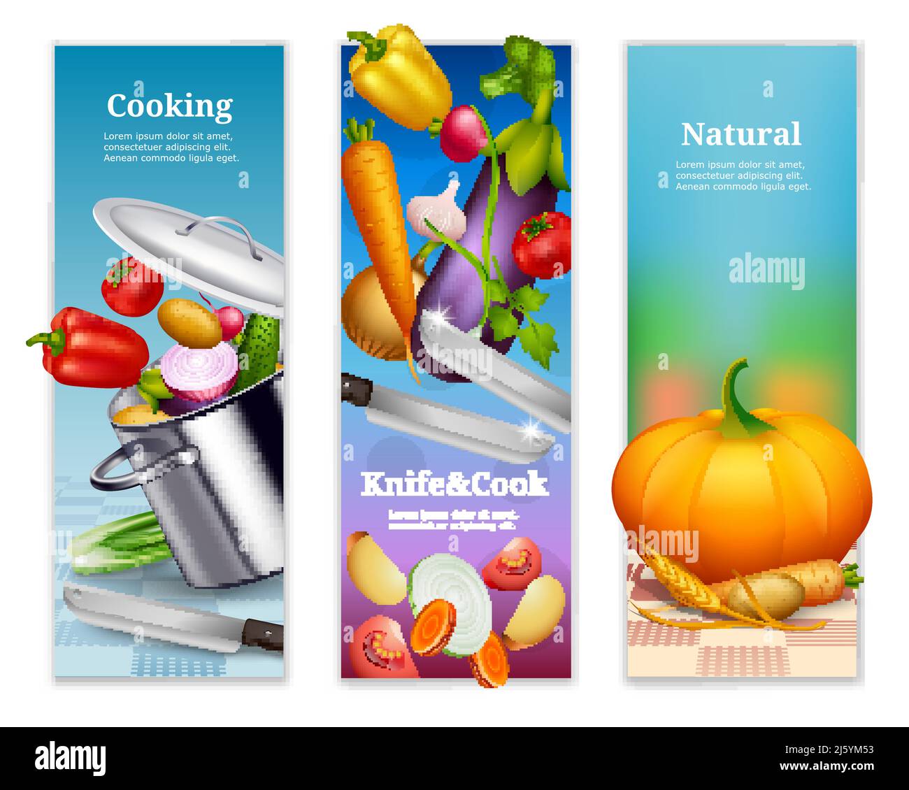 Three colorful vertical banners advertising natural food with fresh and ...