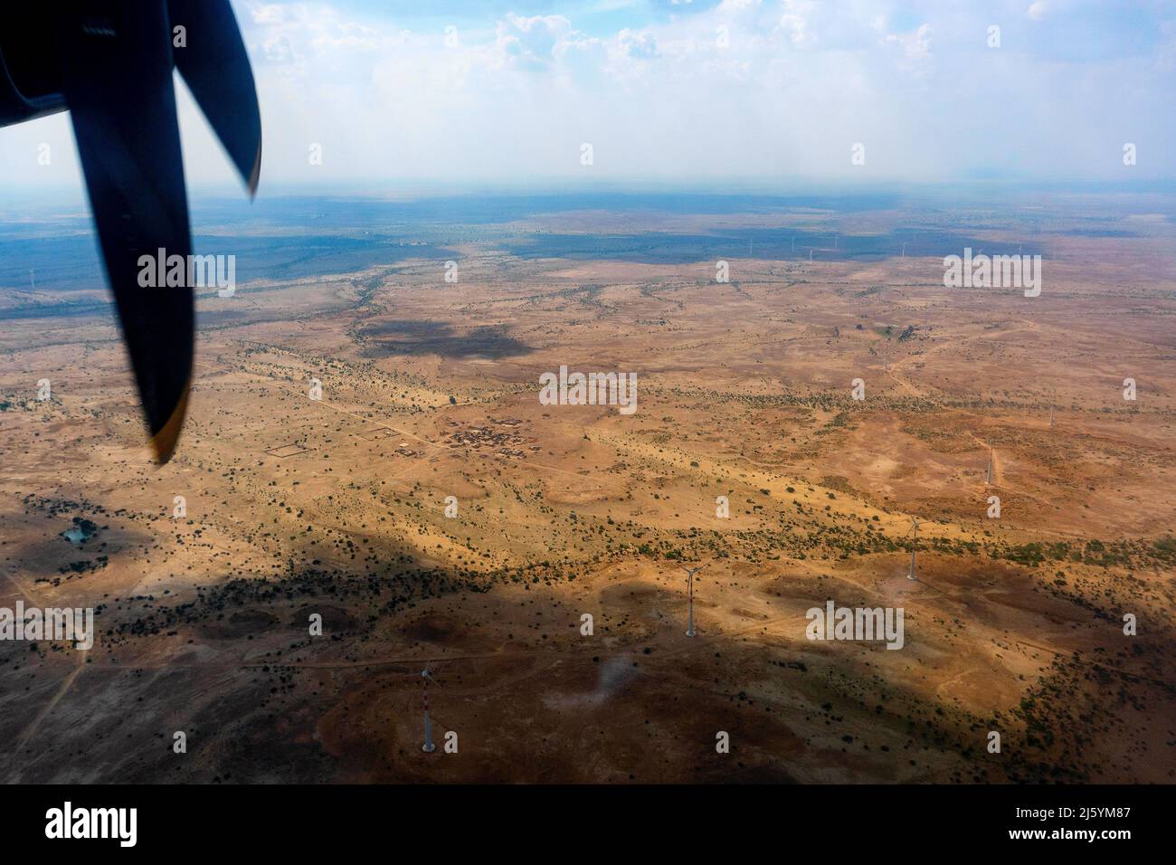 View of Thar desert from an aeroplane, Rajasthan, India. The propellers ...