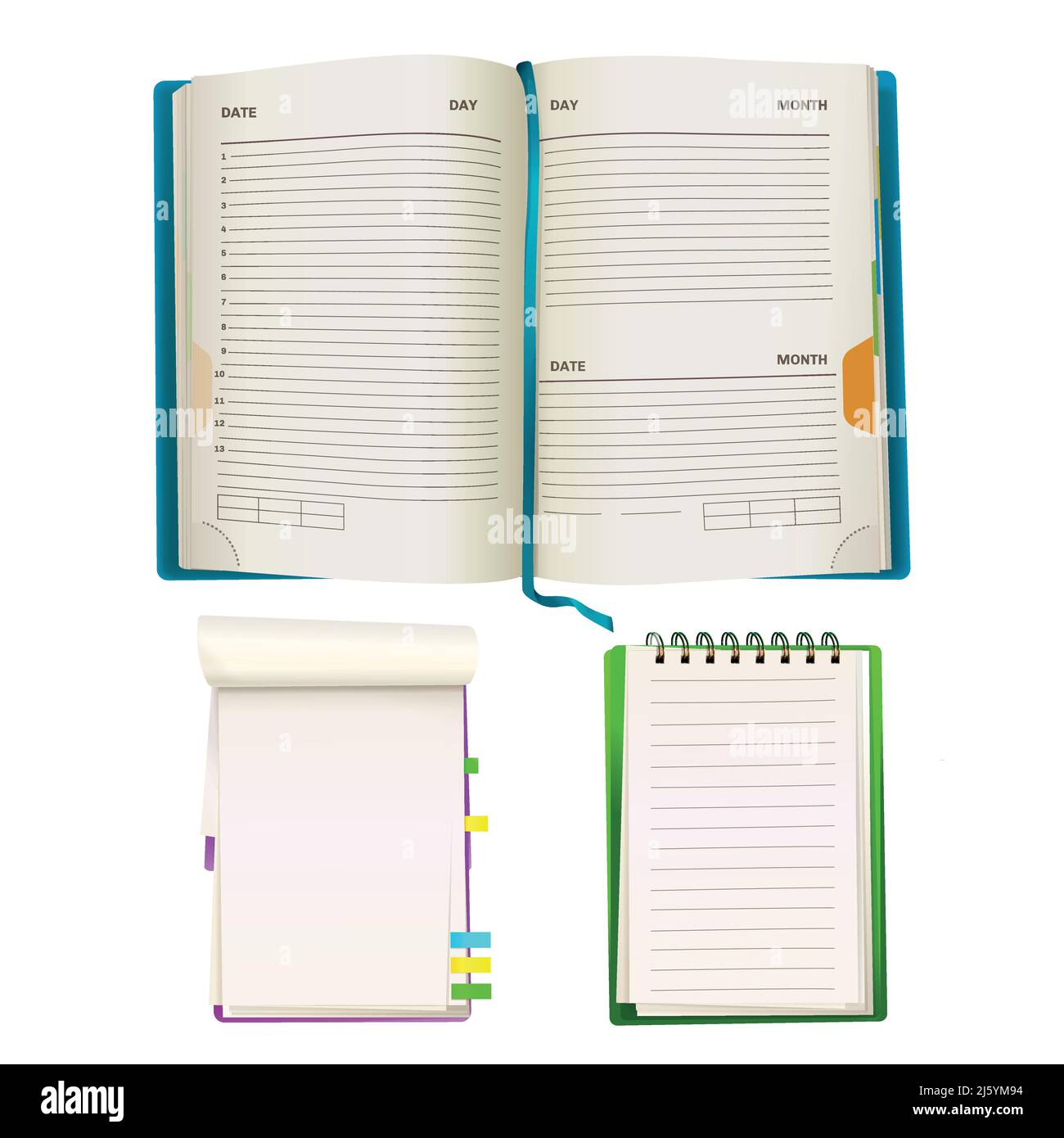 Vector realistic opened notepad organizer planners with blank paper ...