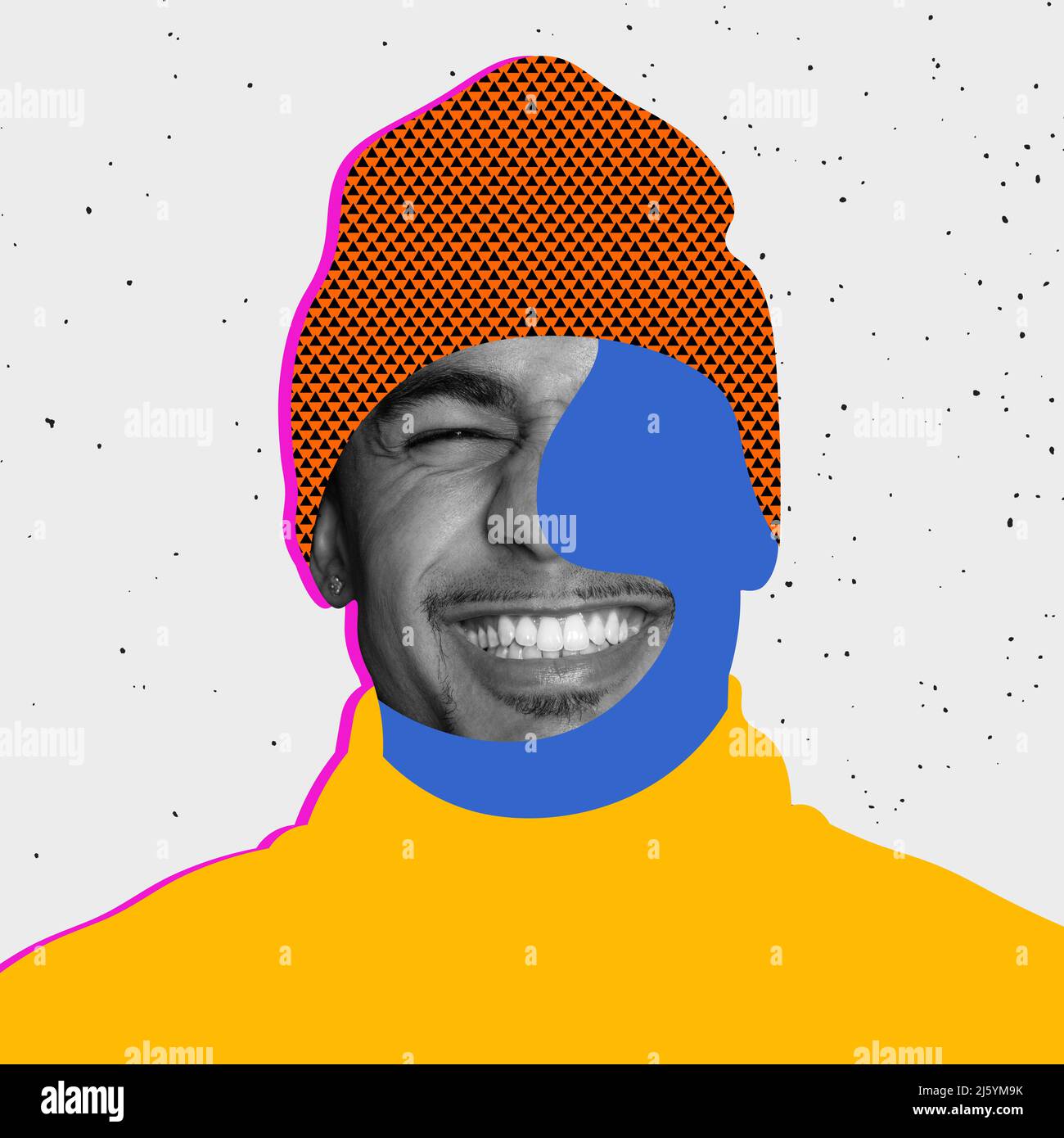 Contemporary colorful and conceptual bright art collage. Young smiling ...