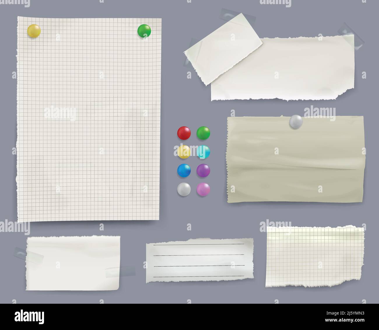 Message notes vector illustration of paper sheets with color pin clips ...