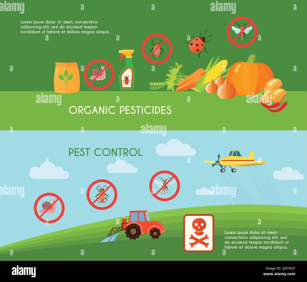 Pest control horizontal banners set with organic pesticides symbols ...