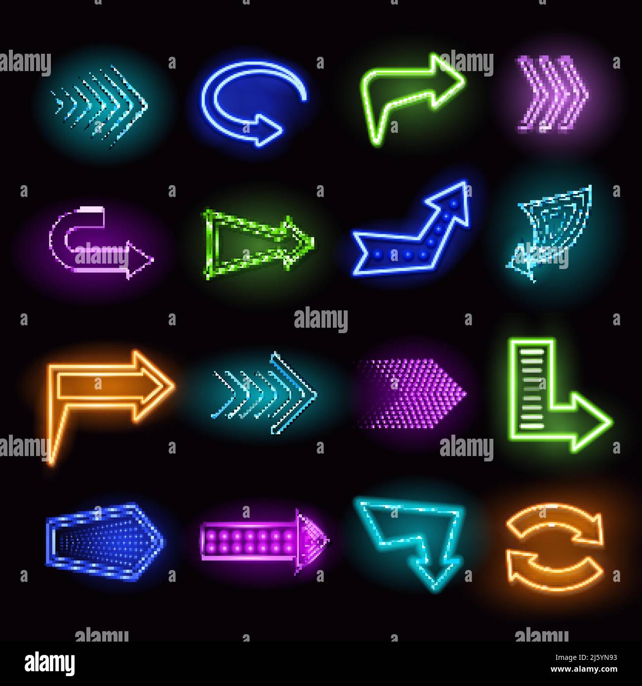 Neon realistic arrows set showing direction on black background ...