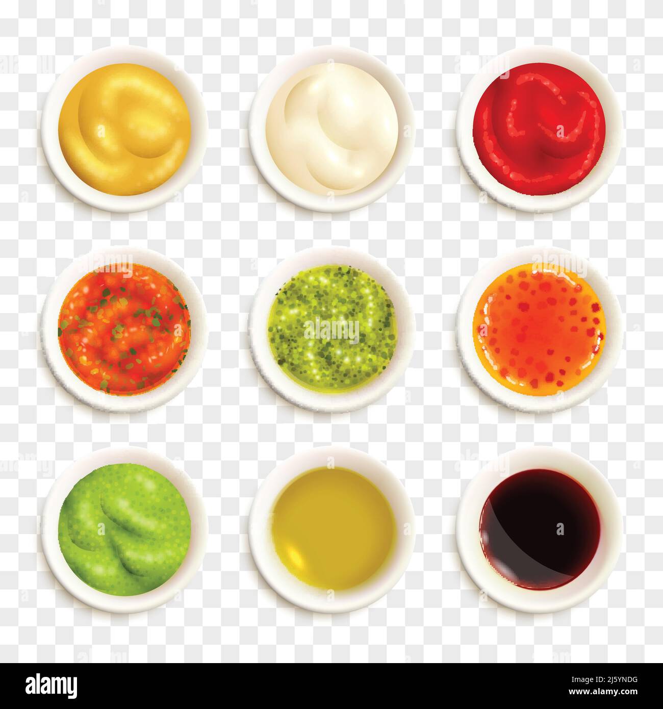 Set of color icons depicting different sauce in plate vector ...