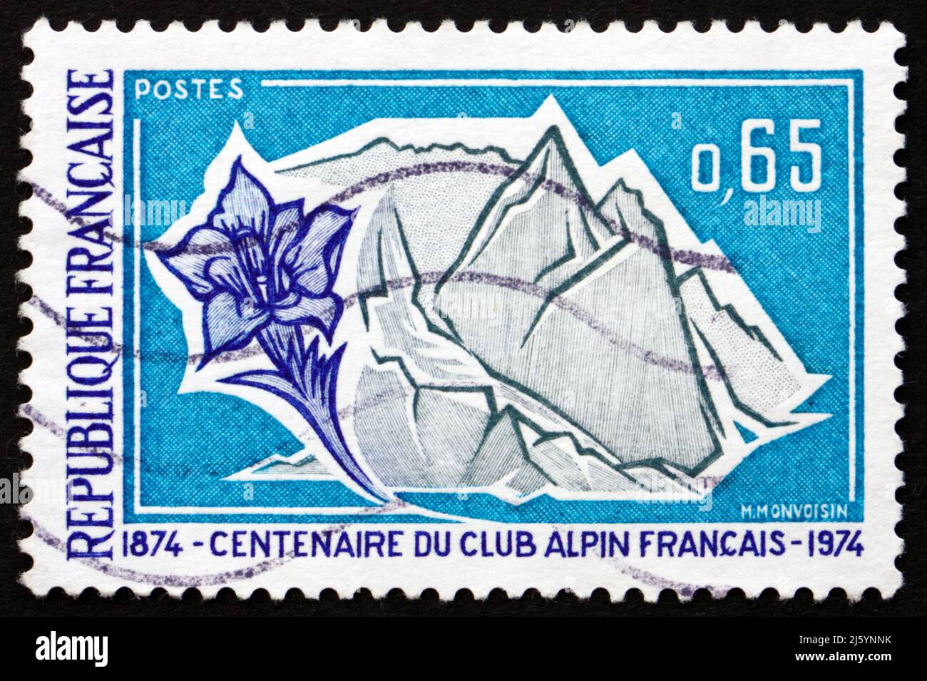 FRANCE - CIRCA 1974: a stamp printed in the France shows French Alps ...