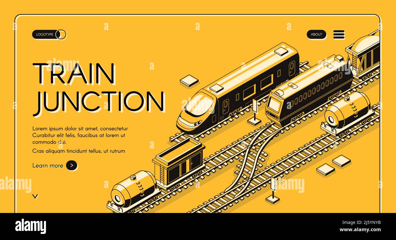 Train junction, transport node isometric vector web banner with ...