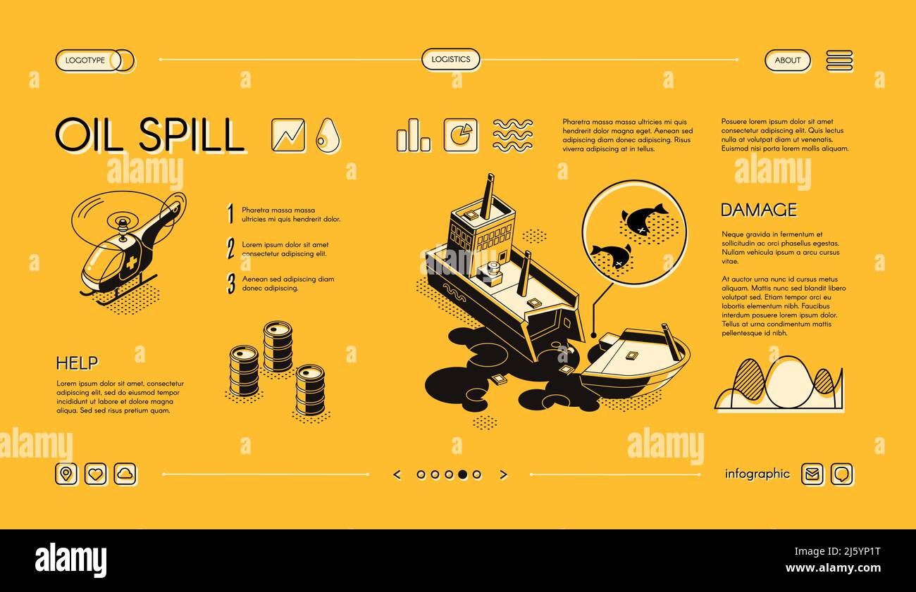 Oil spill isometric vector web banner. Damaged and sinking oil tanker ...