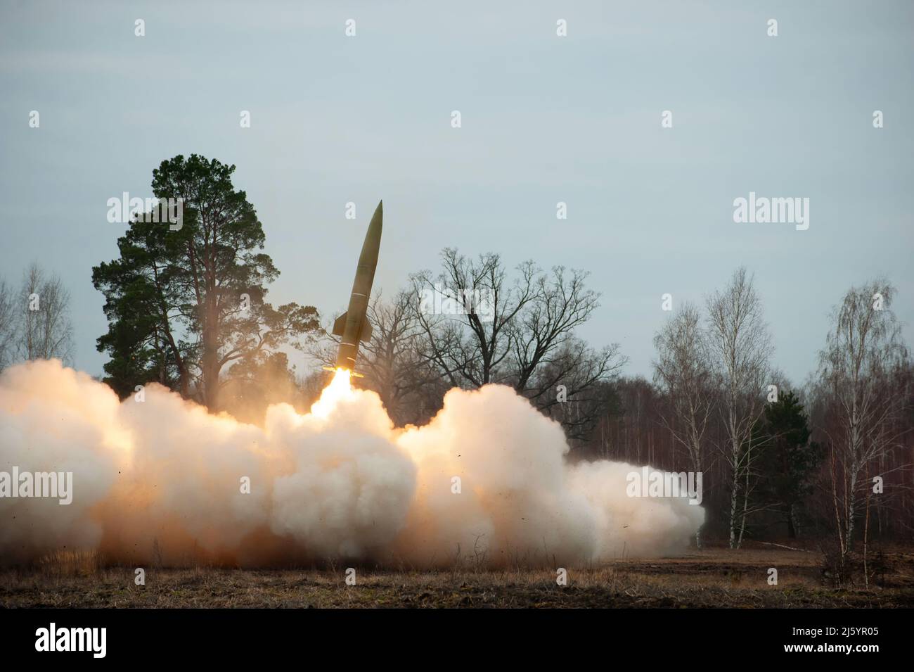 Fire, clouds of smoke and dust during rocket launching. Sequence of 6 ...