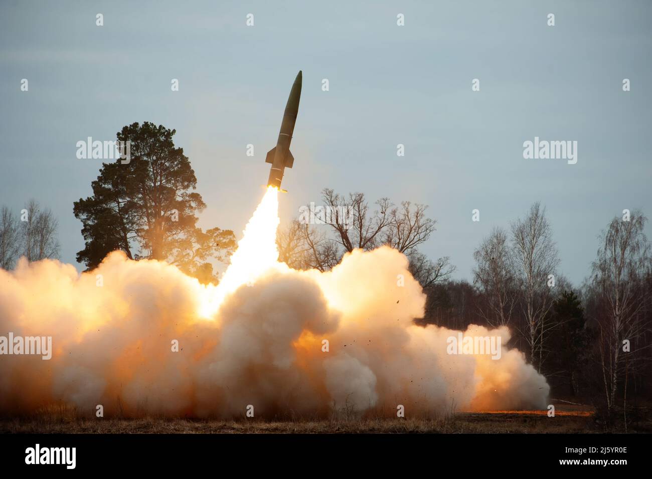 Fire, clouds of smoke and dust during rocket launching. Sequence of 6 ...