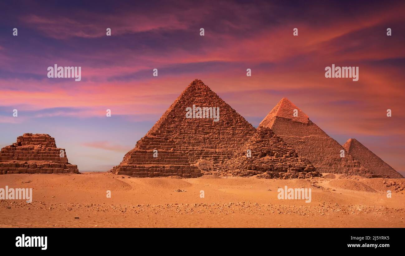 Famous Great Pyramids of Giza in Egypt, beautiful sunset photo in Giza ...