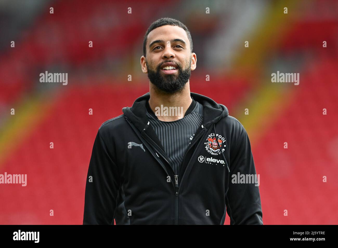 CJ Hamilton #22 of Blackpool arrives at Oakwell Stadium, Home of ...
