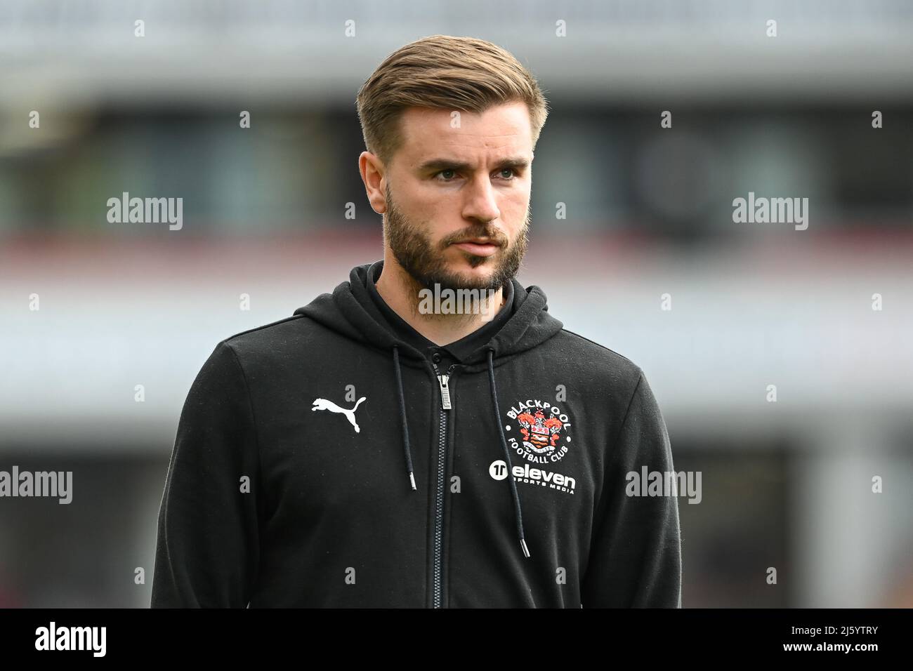 Luke Garbutt #29 of Blackpool arrives at Oakwell Stadium, Home of ...