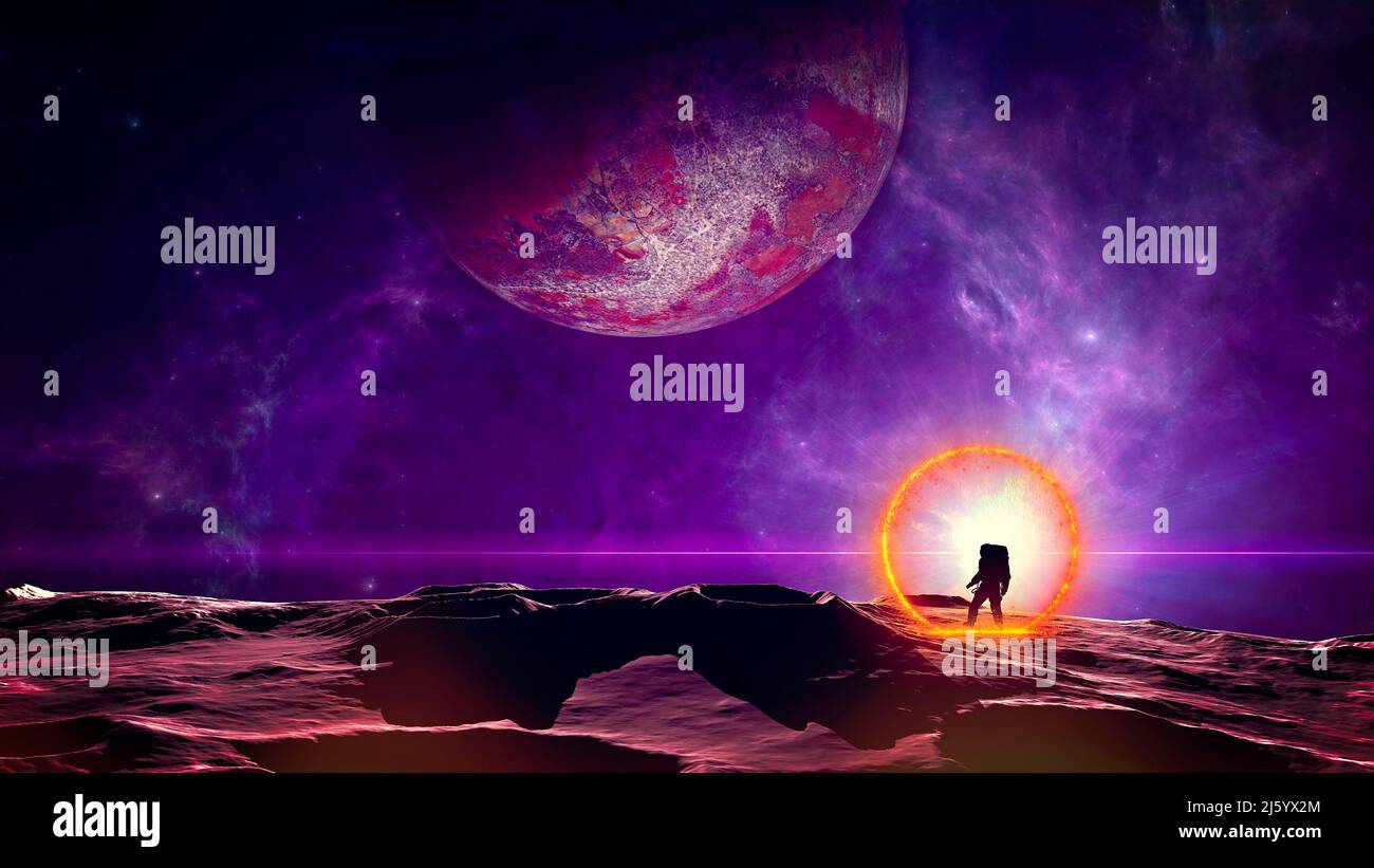 Travel in space time. Time traveler enters a portal that unites two ...