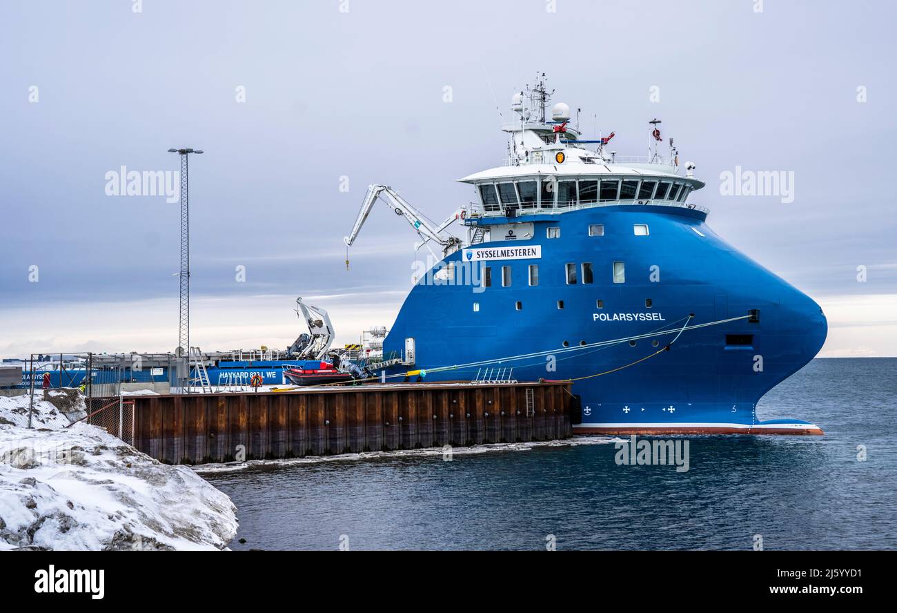 Longyearbyen, Svalbard 20220420.The ship MS «Polarsyssel» is the ...