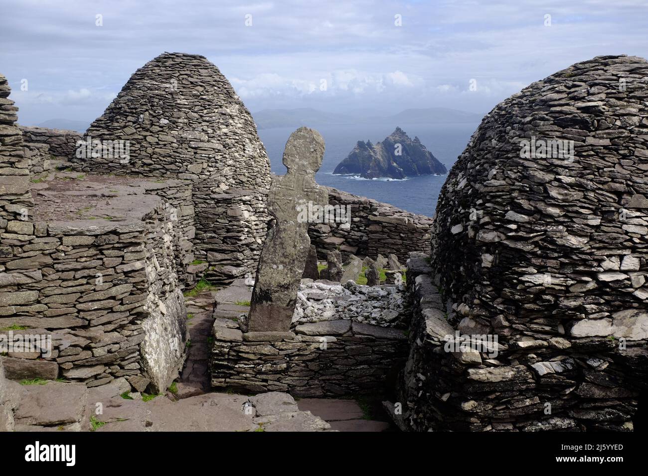 View of Little Skellig from Skellig Michael, Celtic cross and stone ...