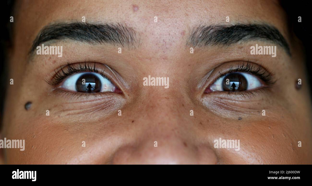 African American black woman shock reaction macro close-up face Stock ...