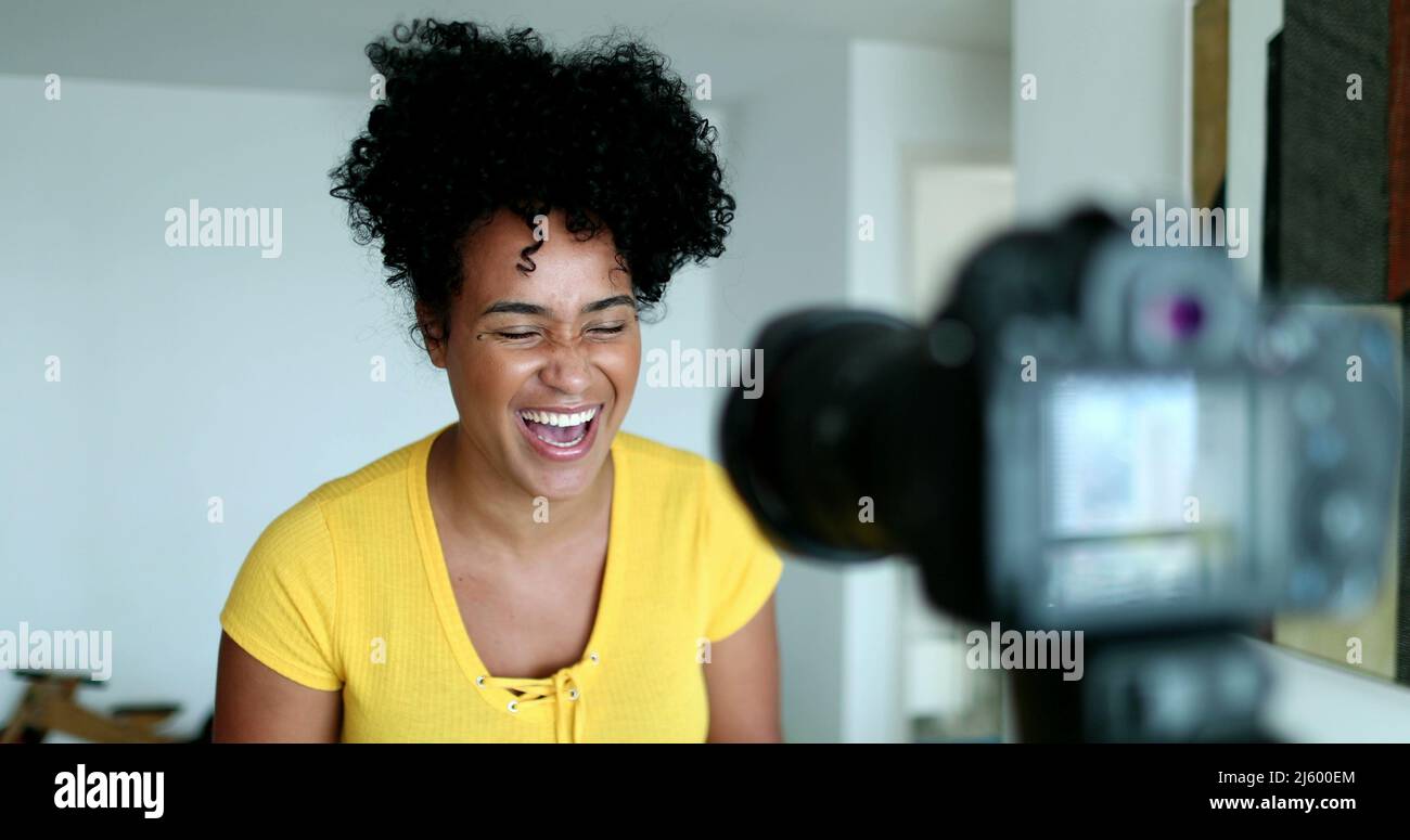 African American female vlogger speaking to social media channel Stock ...