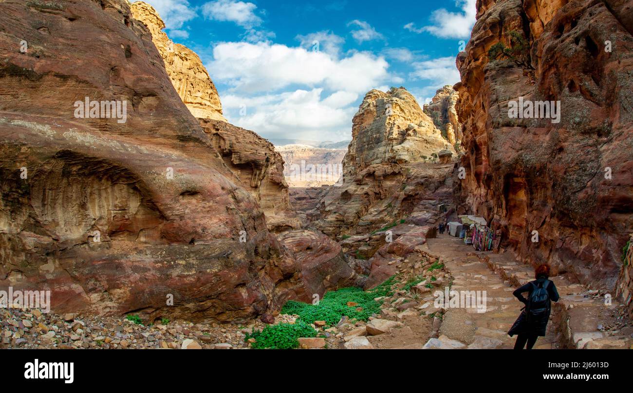Rocky red mountains with green grass and blue skies in Petra Jordan ...