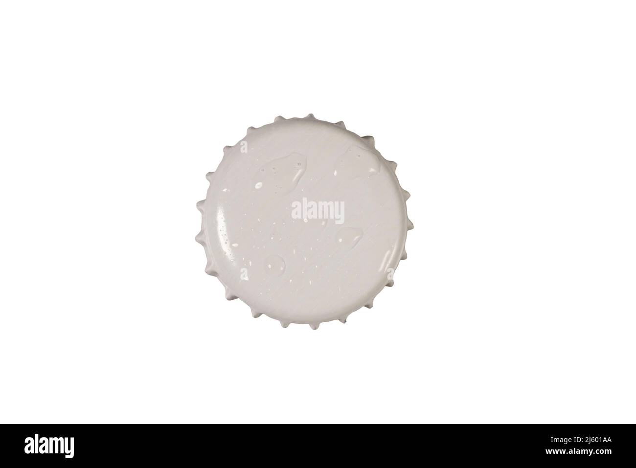 Close up view of white metal cap with drops isolated on white ...