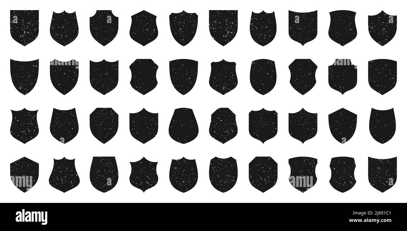 Set of various vintage shield icons. Black heraldic shields with grunge ...