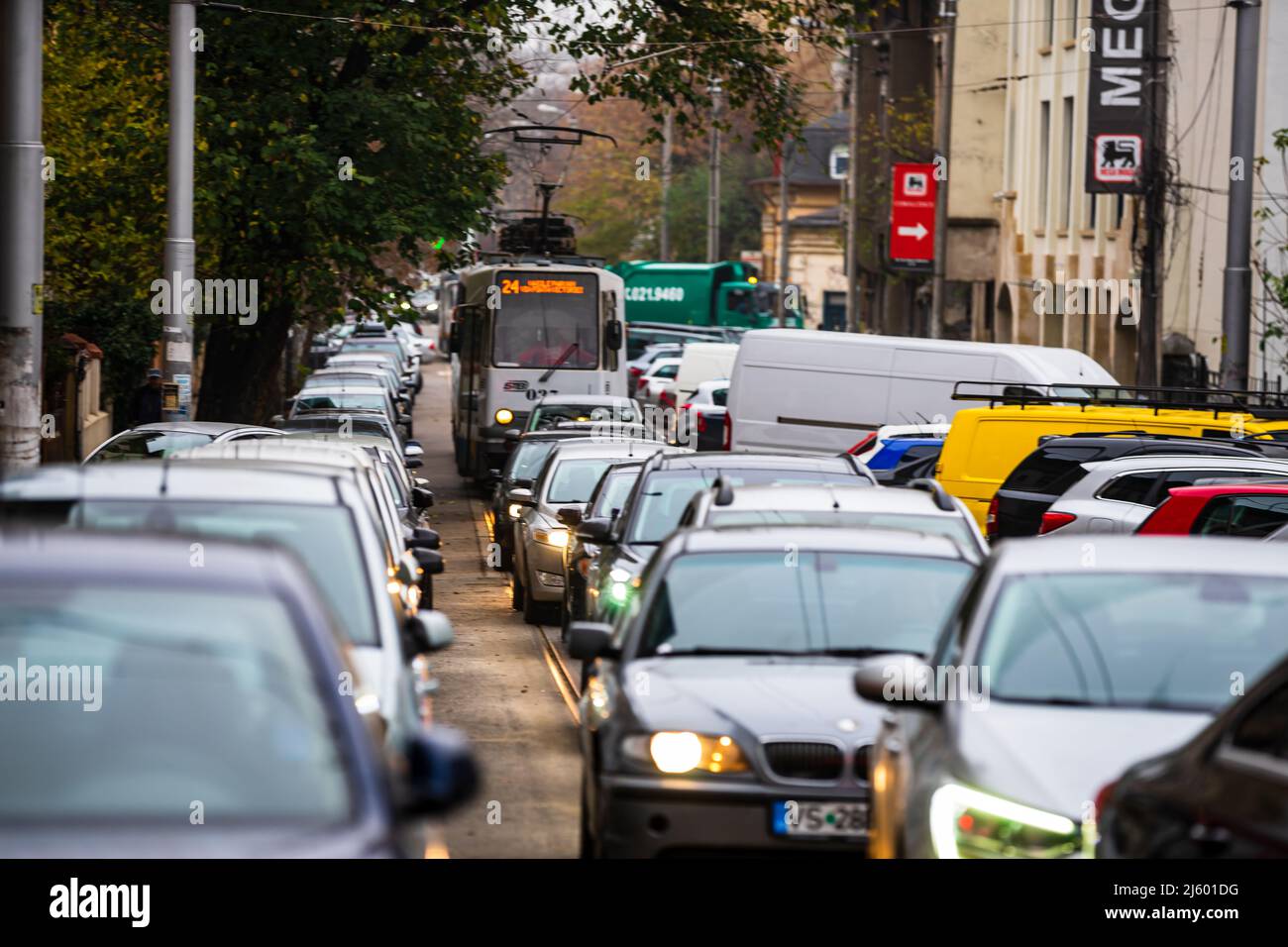 Car traffic, pollution, traffic jam in the morning and evening in the ...