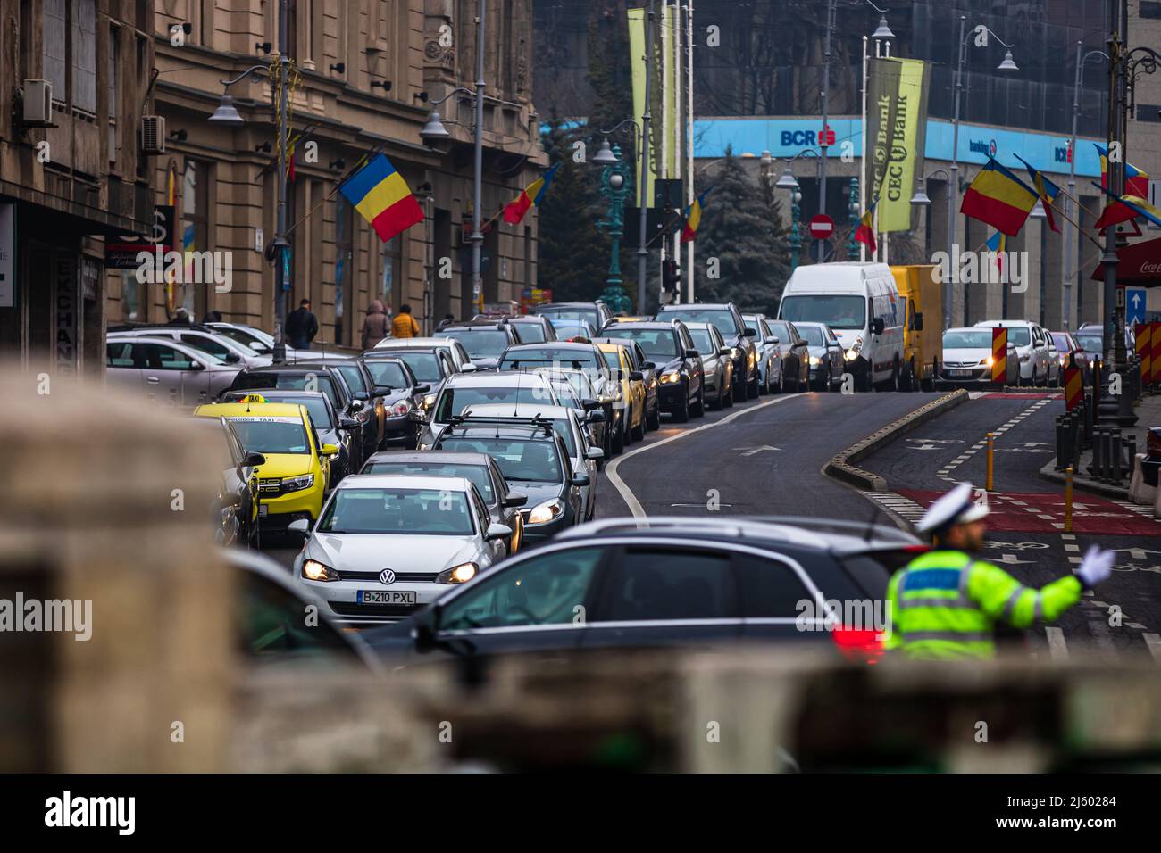 Car traffic, pollution, traffic jam in the morning and evening in the ...