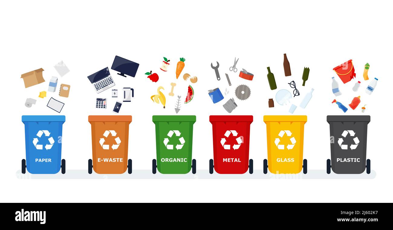 Waste segregation. Sorting garbage by material and type in colored trash cans. Waste utilization ...