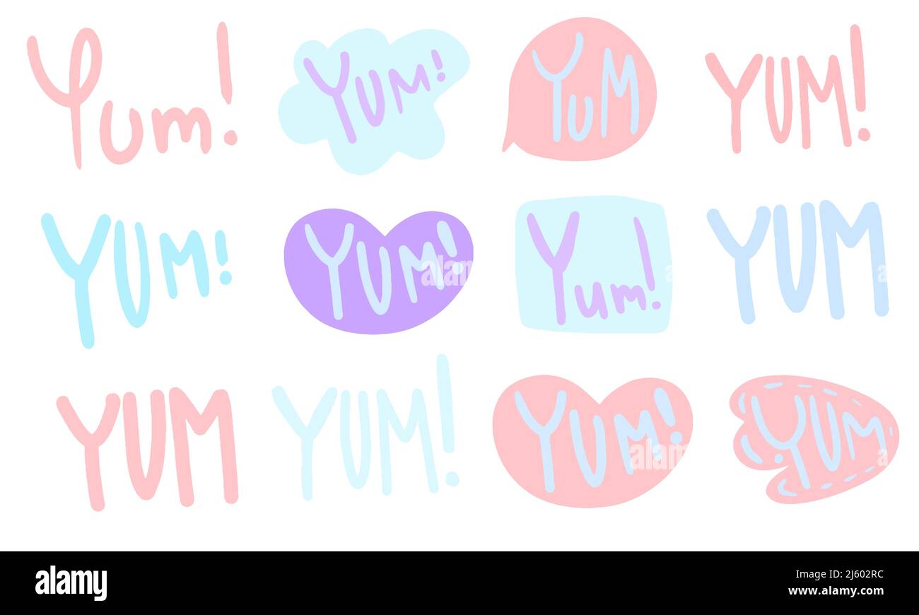 Vector Yum Yum words set. Design doodle for print. Cartoon hand drawn ...