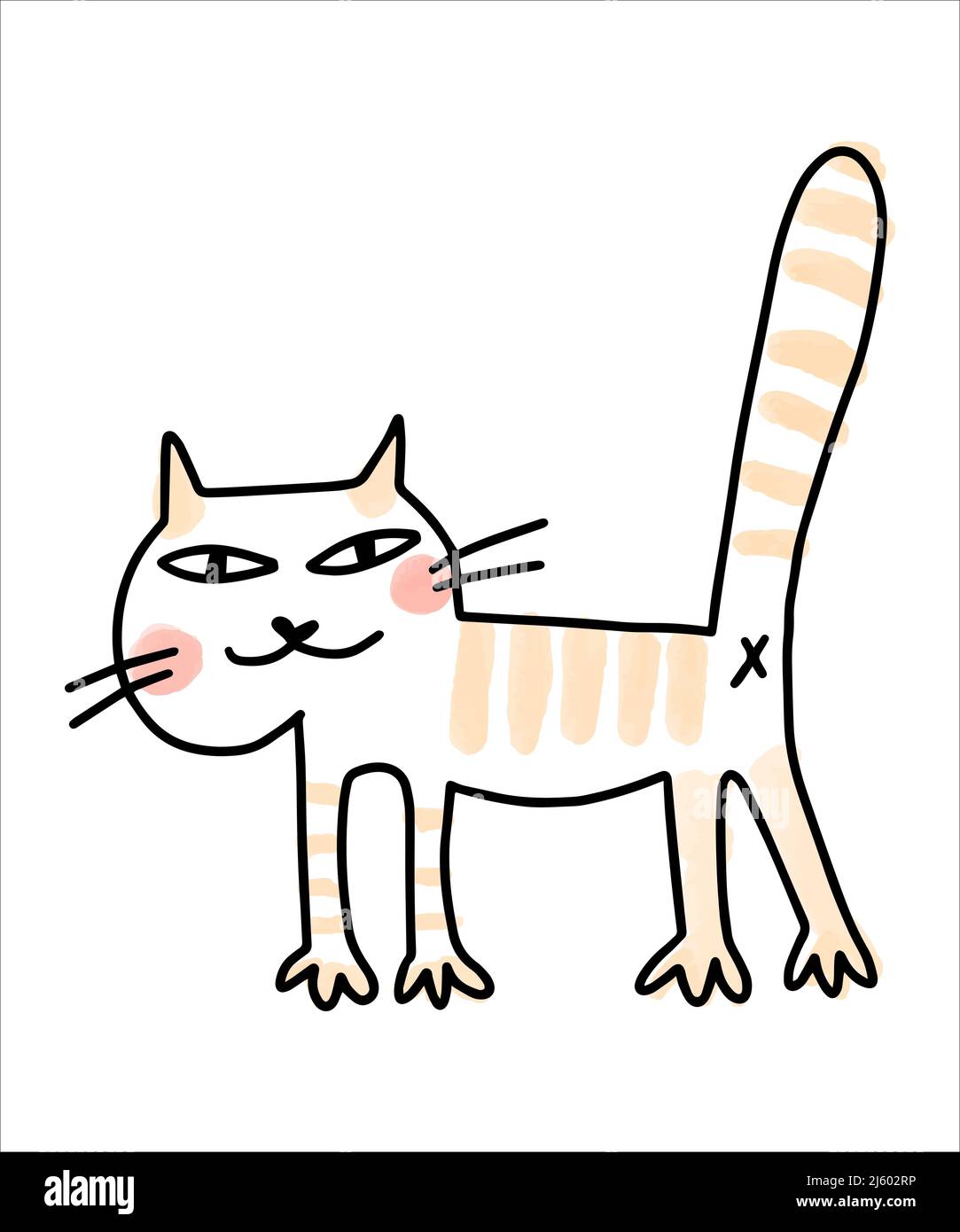 Vector Funny doodle cat with watercolor spots on the background Stock ...