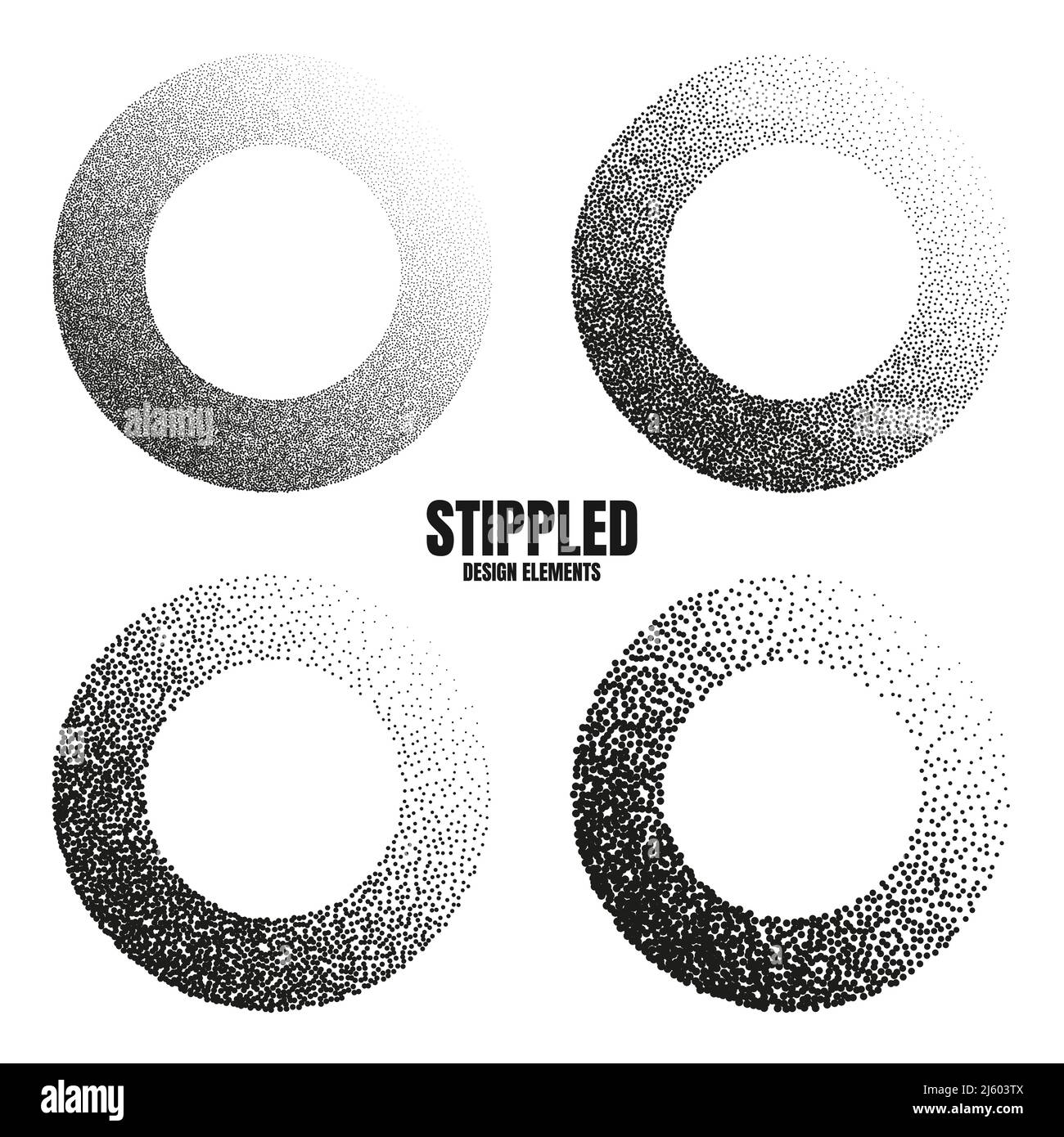 Round shaped dotted objects, stipple elements. Fading gradient ...