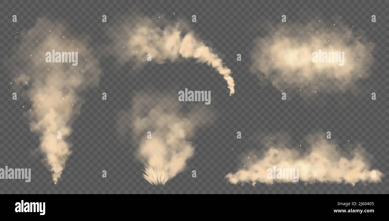 Realistic dust clouds. Road sand storm. Polluted dirty brown air with ...
