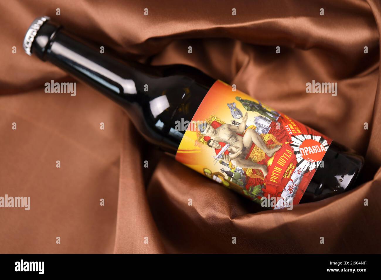 KHARKIV, UKRAINE - NOVEMBER 3, 2021: A bottle of beer featuring Russian ...