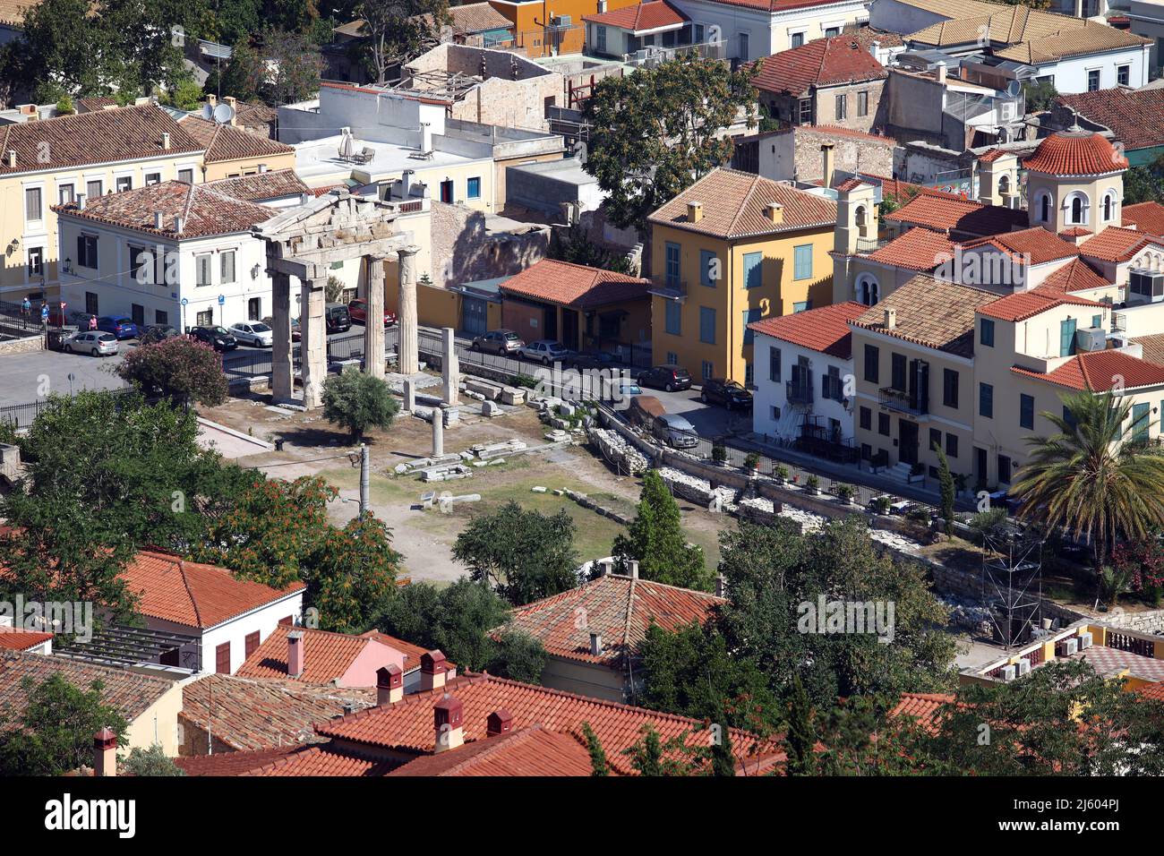 Historical columns in the middle of old town Athens view from Acropolis ...