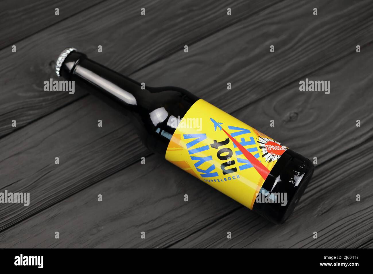 KHARKIV, UKRAINE - NOVEMBER 3, 2021: A bottle of beer featuring ...