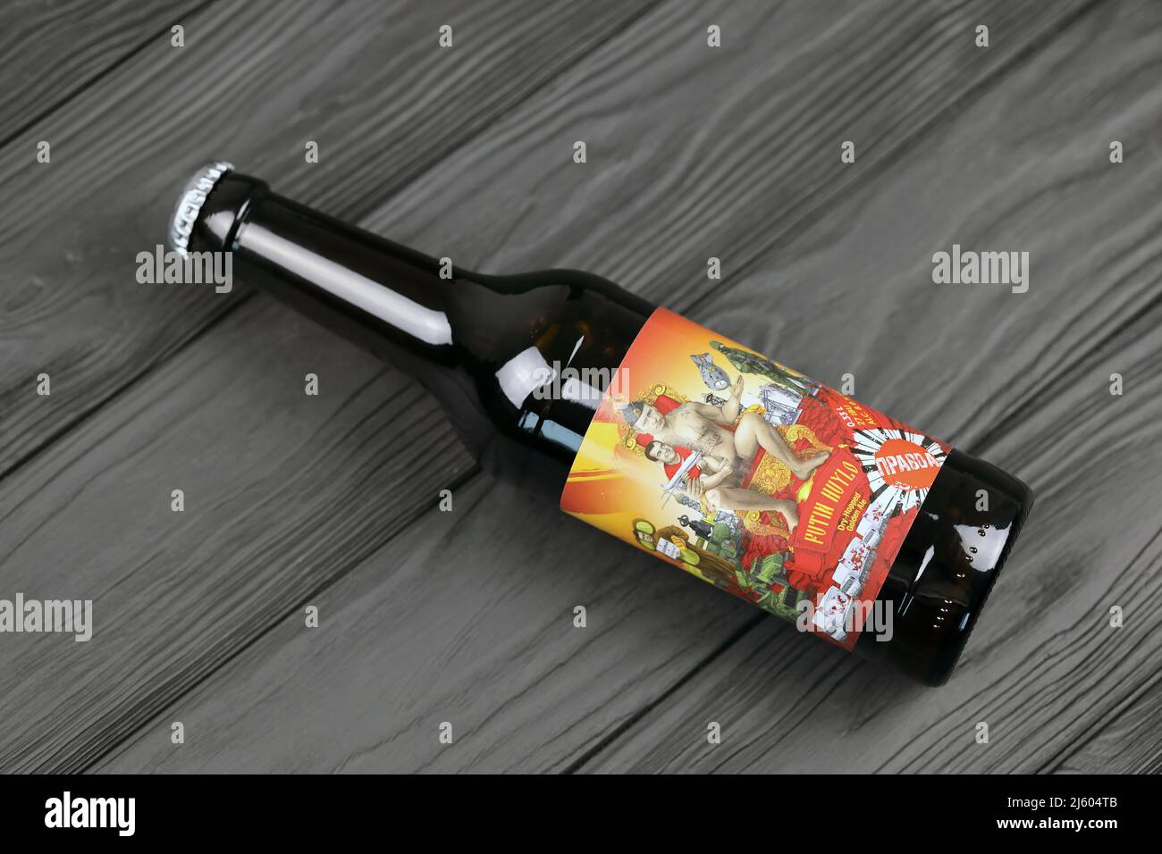 KHARKIV, UKRAINE - NOVEMBER 3, 2021: A bottle of beer featuring Russian ...