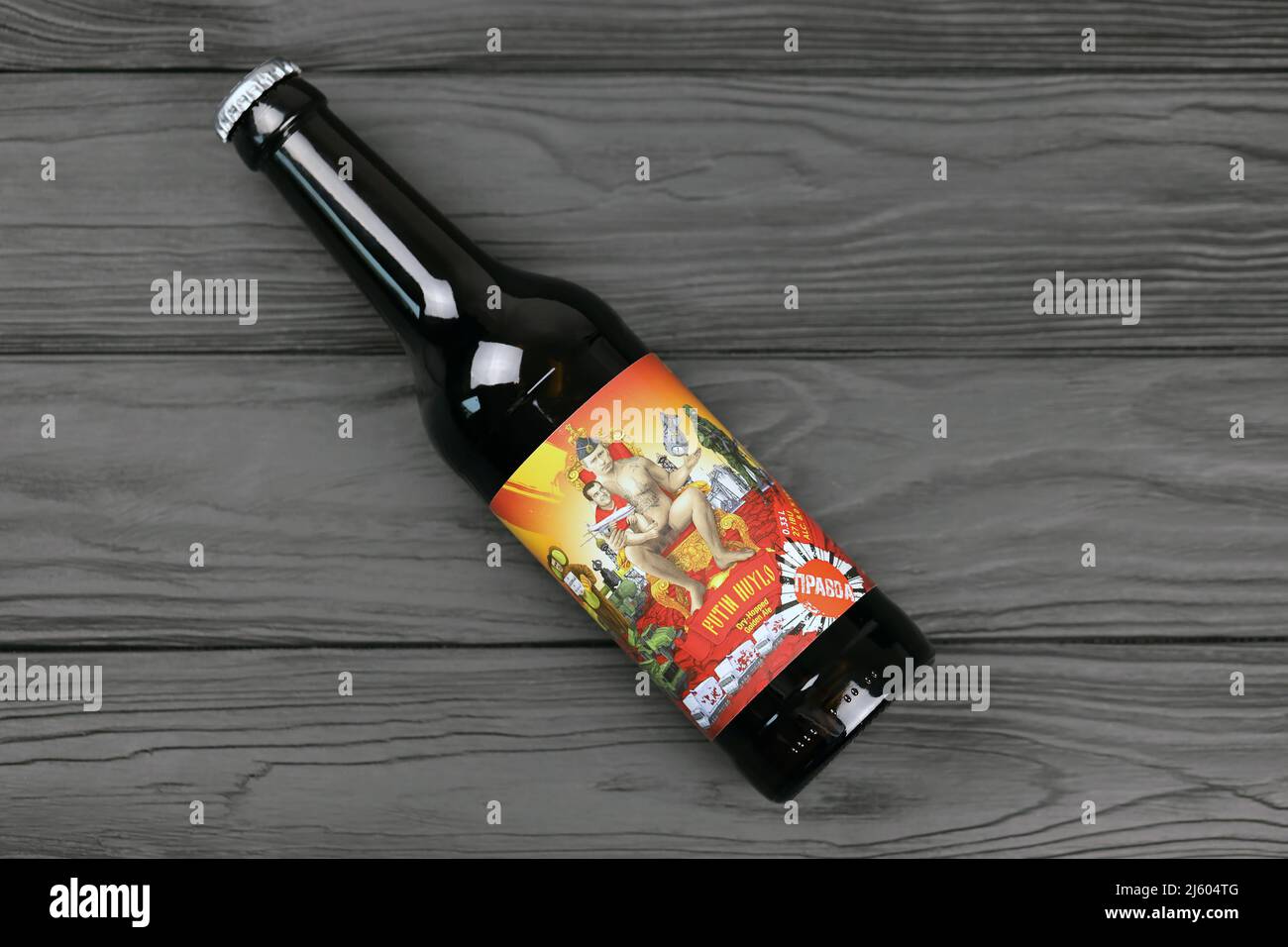 KHARKIV, UKRAINE - NOVEMBER 3, 2021: A bottle of beer featuring Russian ...