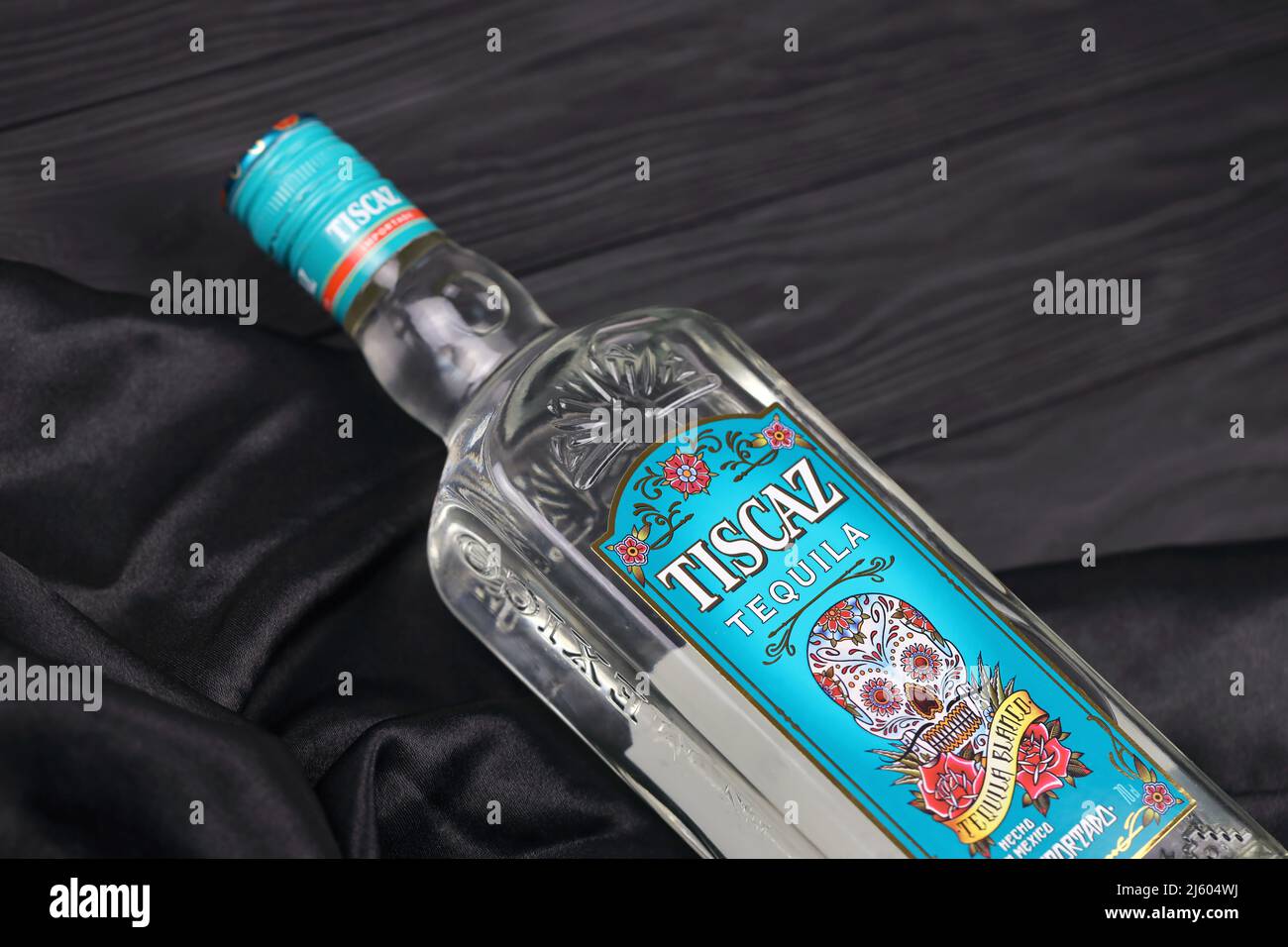 KHARKIV, UKRAINE - NOVEMBER 3, 2021: Tiscaz tequila alcohol bottle with ...