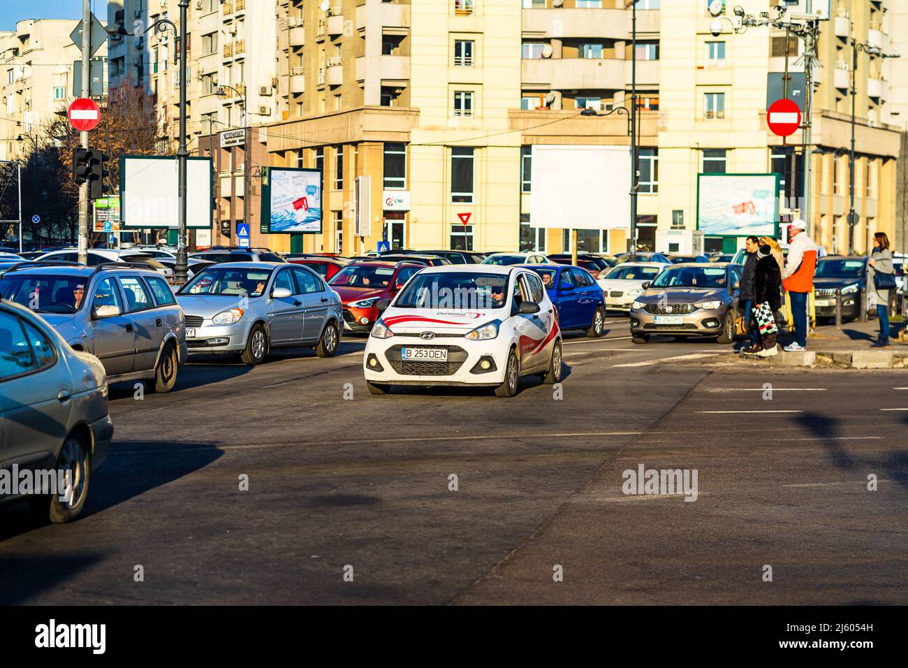 Car traffic, pollution, traffic jam in the morning and evening in the capital city of Bucharest ...