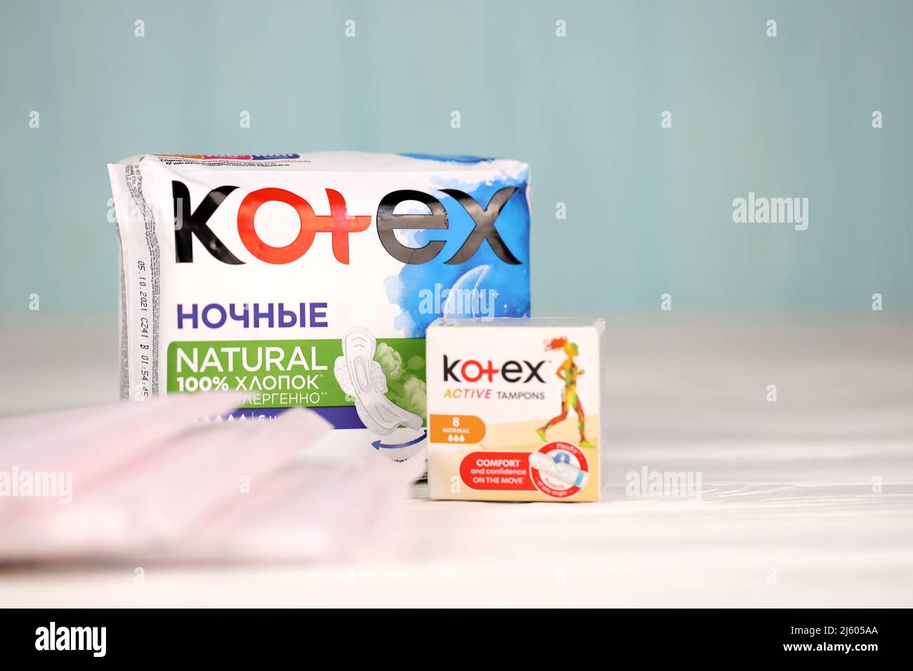 KHARKIV, UKRAINE - DECEMBER 16, 2021: Kotex production with logo. Kotex ...