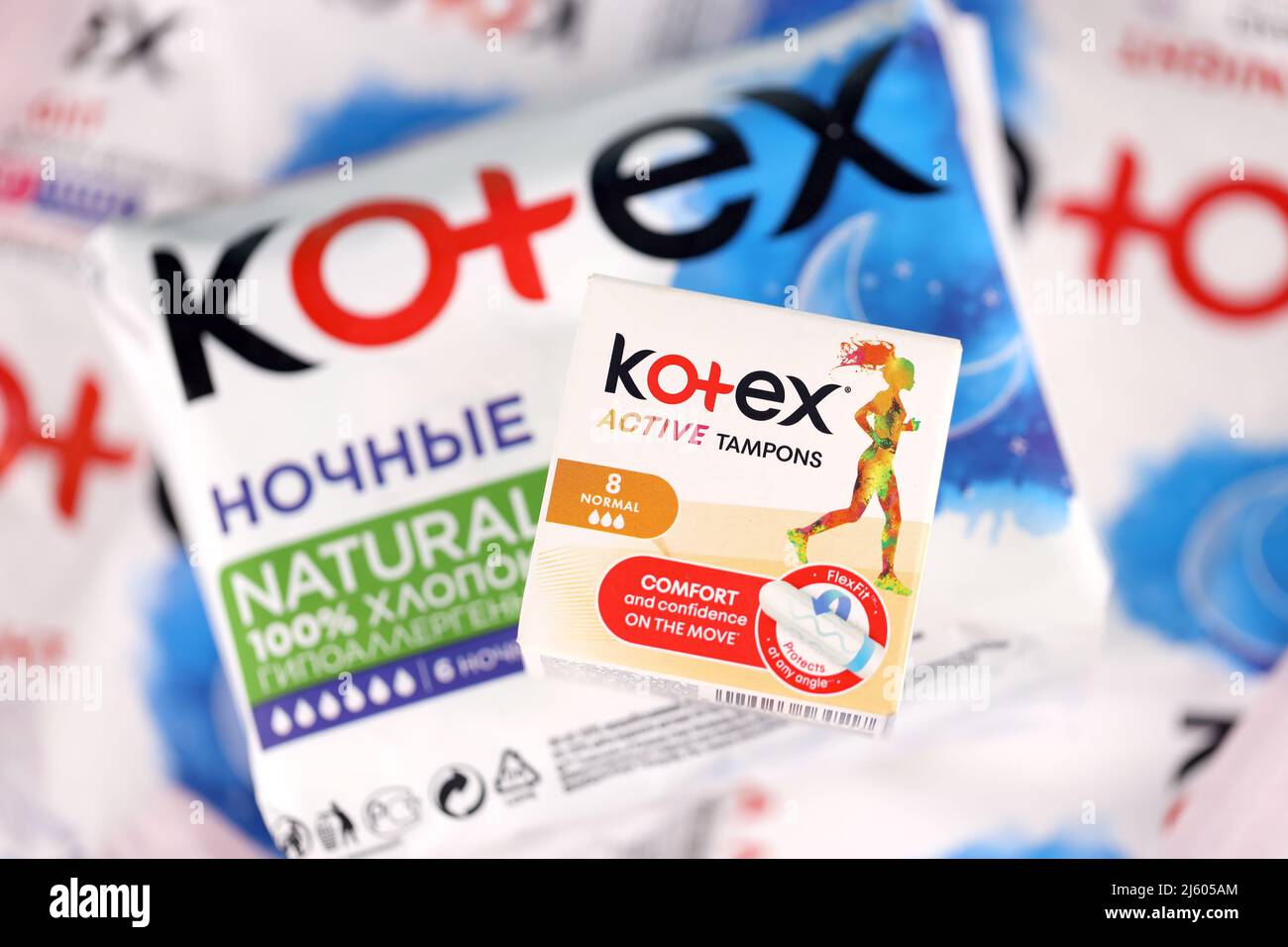 KHARKIV, UKRAINE - DECEMBER 16, 2021: Kotex production with logo. Kotex ...