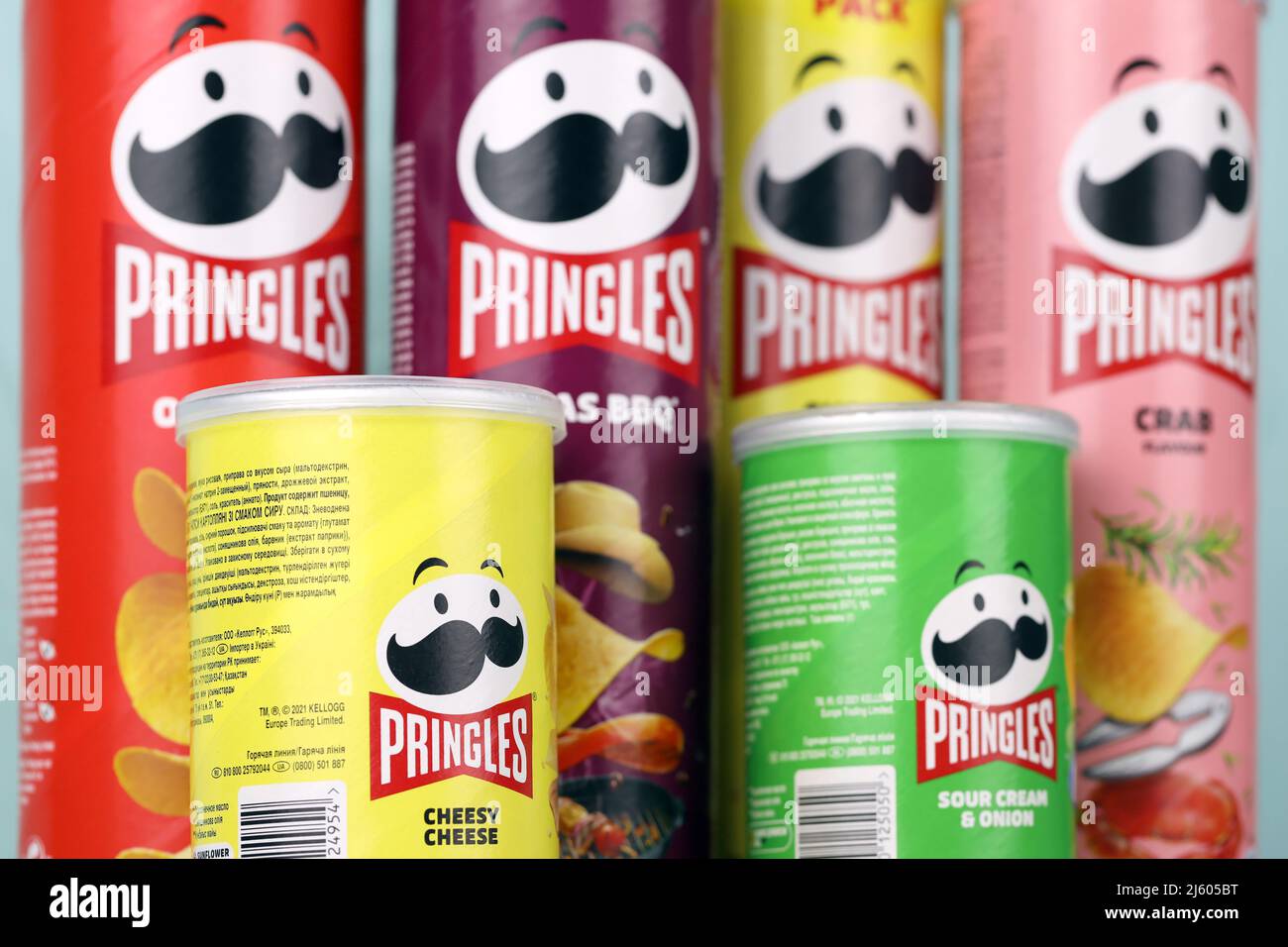 KHARKIV, UKRAINE - DECEMBER 16, 2021: Pringles production with new logo ...