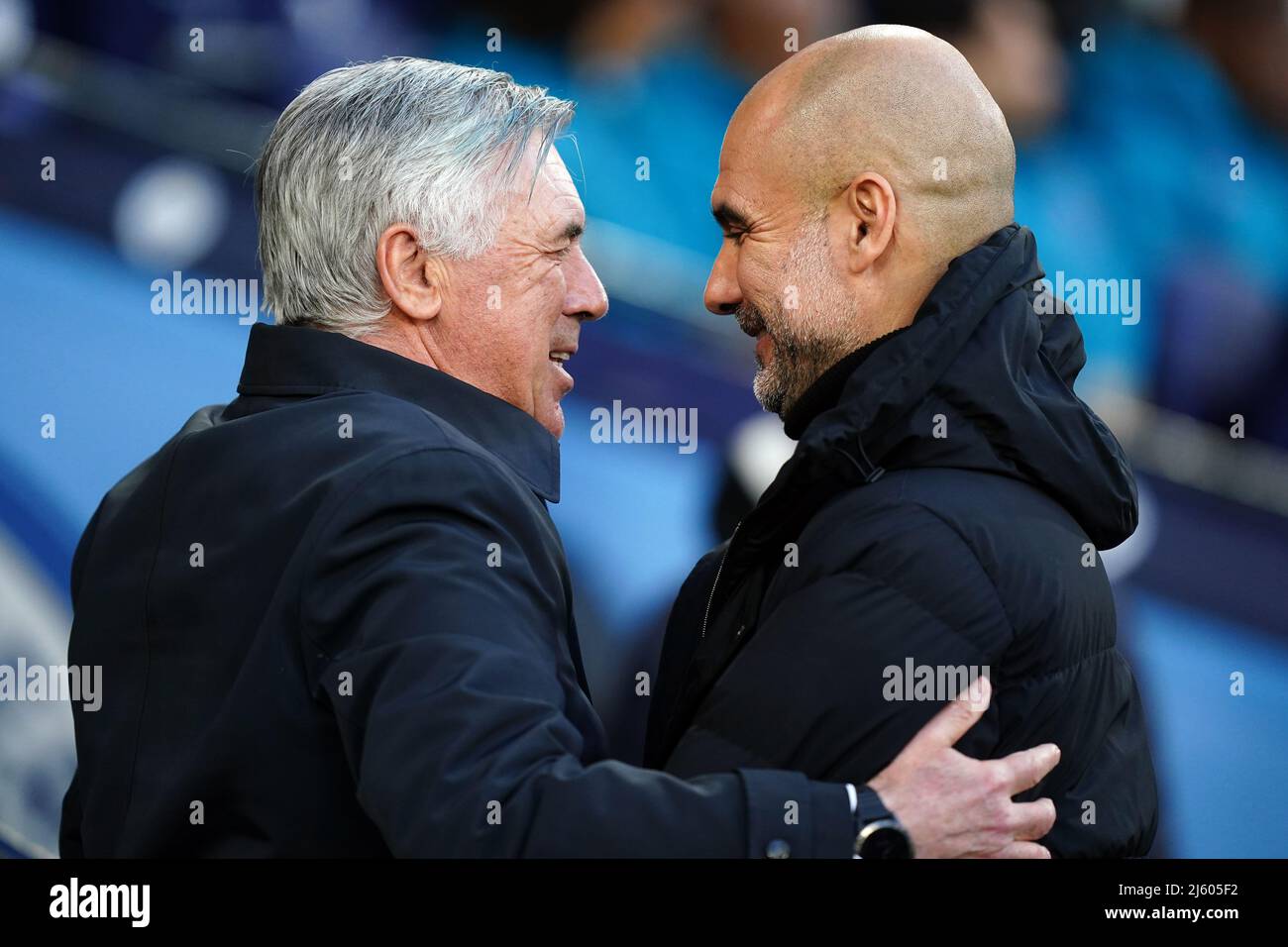 Real Madrid manager Carlo Ancelotti and Manchester City manager Pep Guardiola during the UEFA ...