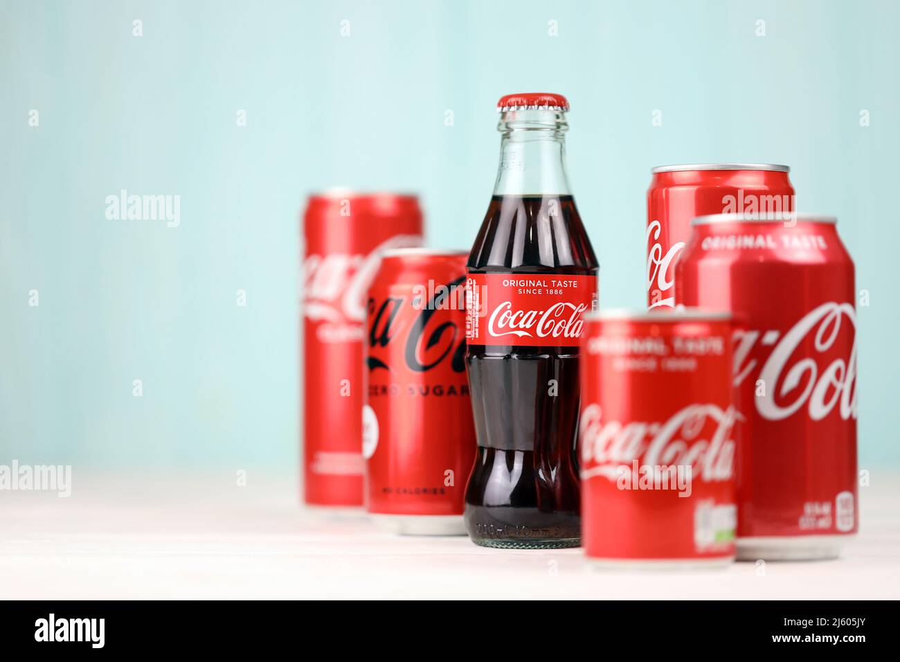KHARKIV, UKRAINE - DECEMBER 16, 2021: Coca Cola production with classic ...