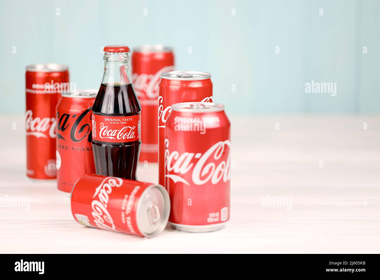 KHARKIV, UKRAINE - DECEMBER 16, 2021: Coca Cola production with classic ...