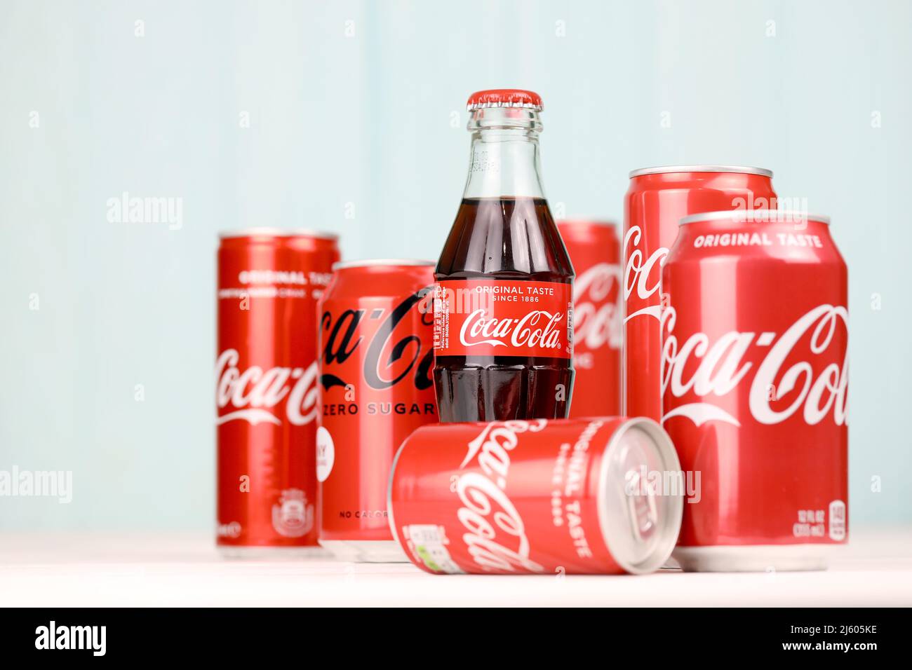 KHARKIV, UKRAINE - DECEMBER 16, 2021: Coca Cola production with classic ...