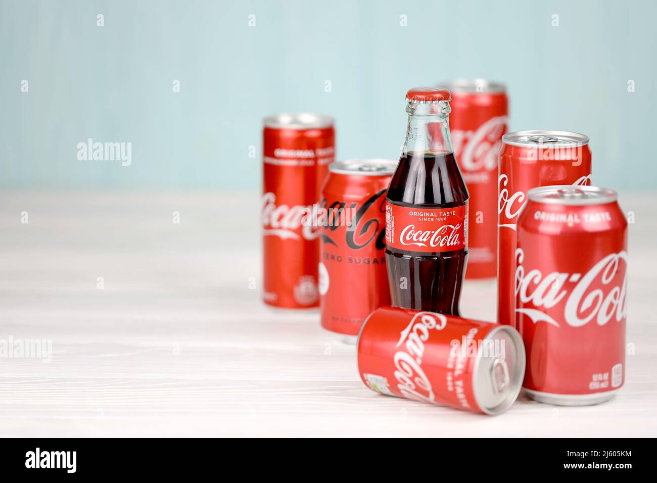 KHARKIV, UKRAINE - DECEMBER 16, 2021: Coca Cola production with classic ...