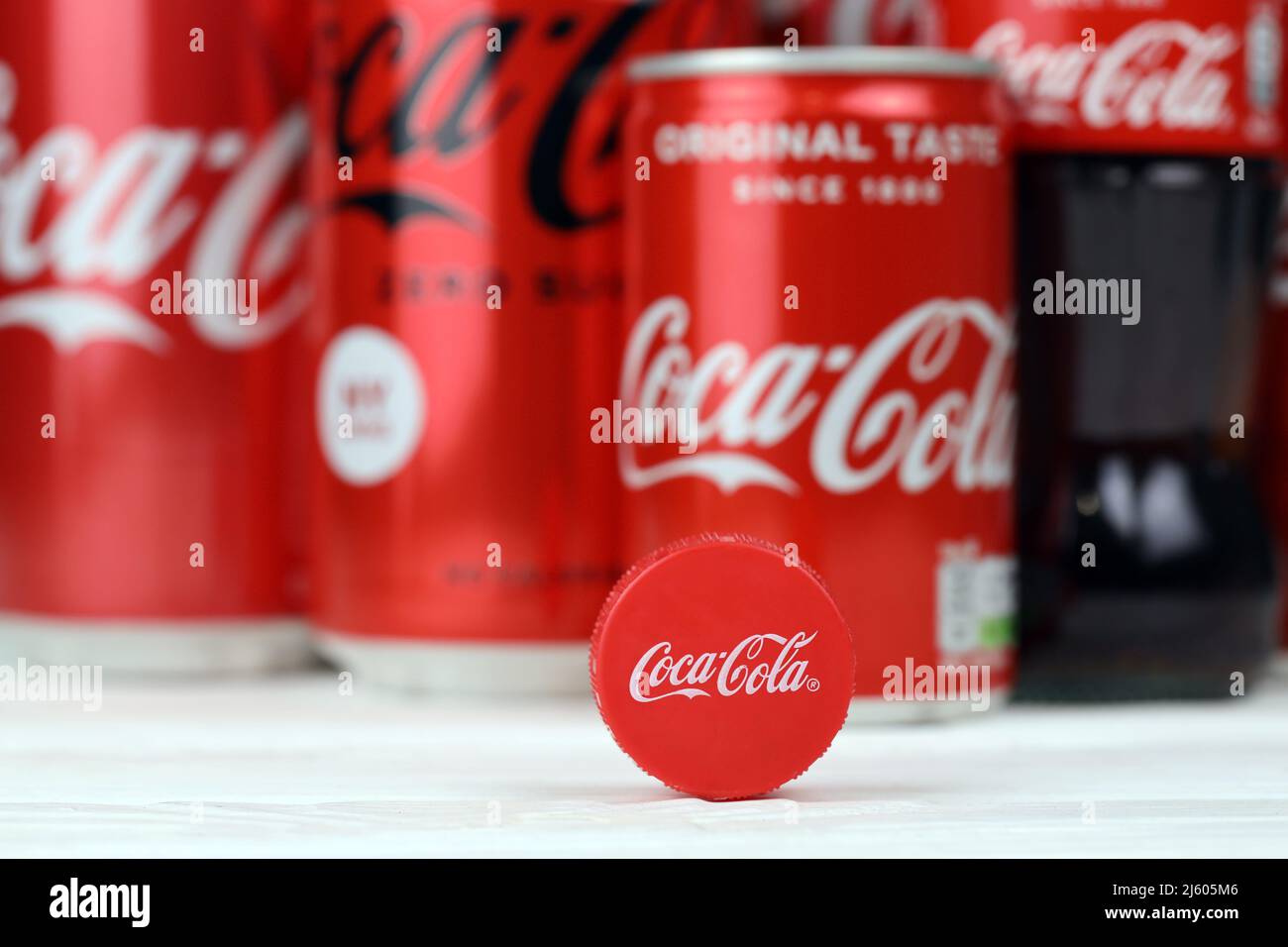 KHARKIV, UKRAINE - DECEMBER 16, 2021: Coca Cola production with classic ...