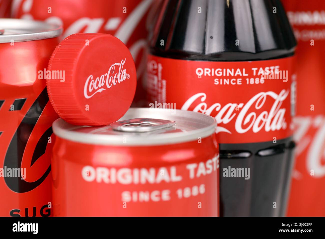 KHARKIV, UKRAINE - DECEMBER 16, 2021: Coca Cola production with classic ...