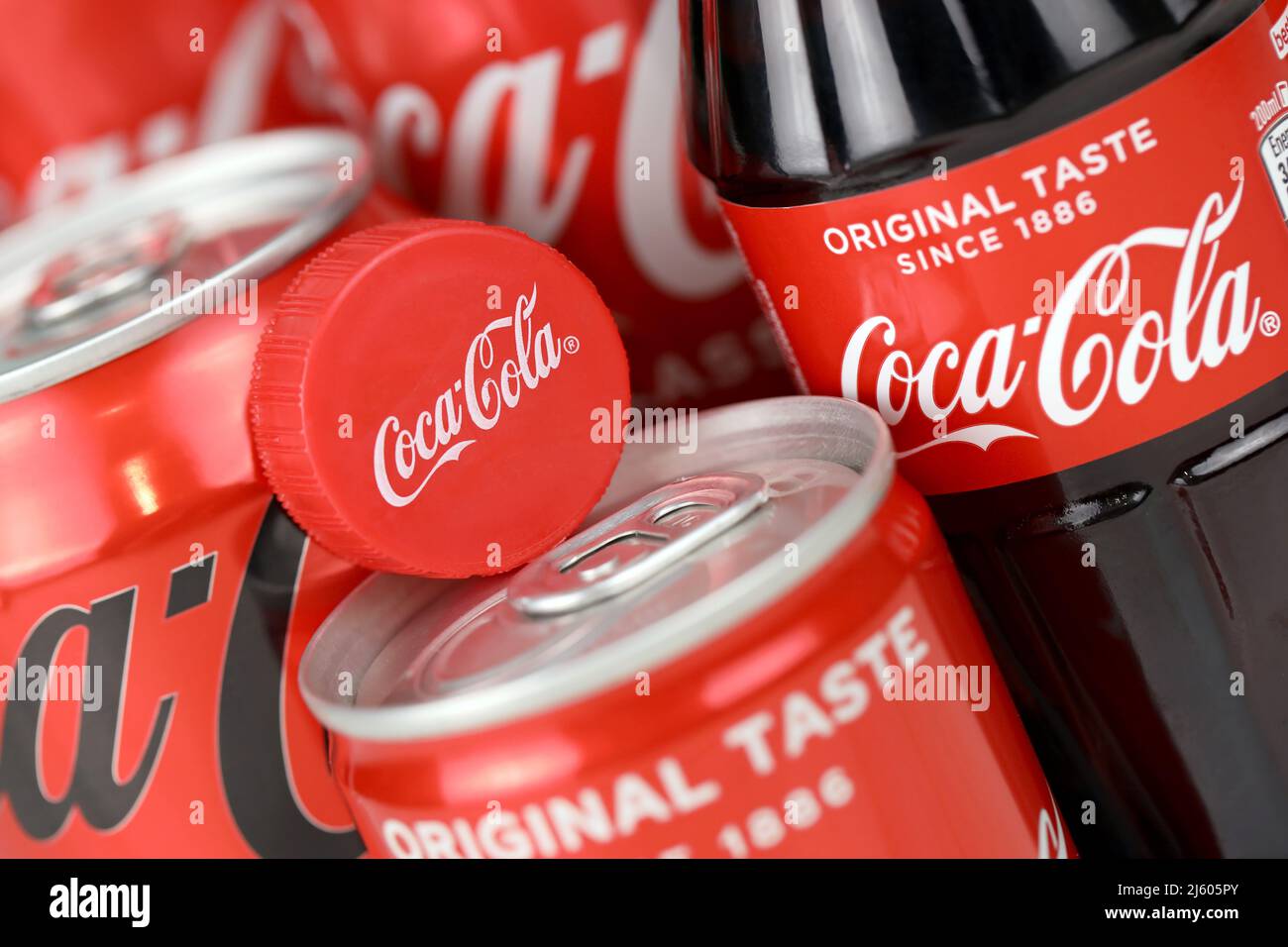 KHARKIV, UKRAINE - DECEMBER 16, 2021: Coca Cola production with classic ...